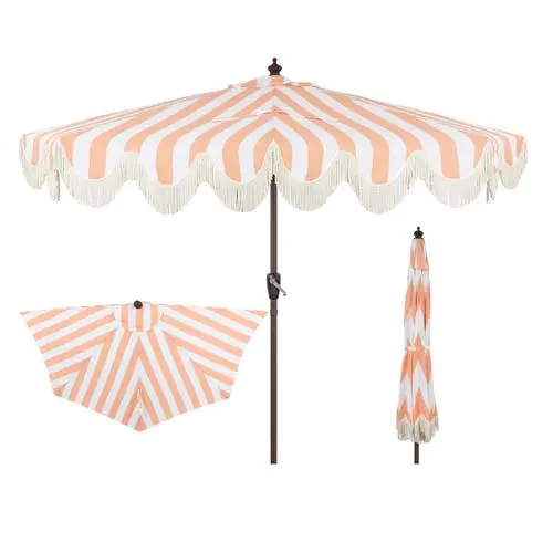 JONATHAN Y Beverly 9 Ft. Designer Classic Scalloped Fringe Half Market Patio Umbrella With Crank - Coral Pink/white