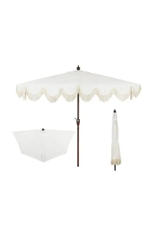 JONATHAN Y Beverly 9 Ft. Designer Classic Scalloped Fringe Half Market Patio Umbrella With Crank - Cream/white