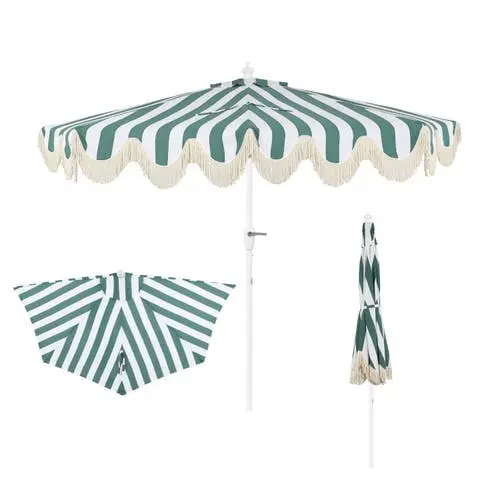 JONATHAN Y Beverly 9 Ft. Designer Classic Scalloped Fringe Half Market Patio Umbrella With Crank - Green/white Pole