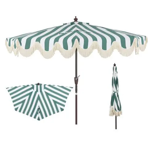 JONATHAN Y Beverly 9 Ft. Designer Classic Scalloped Fringe Half Market Patio Umbrella With Crank - Green/white