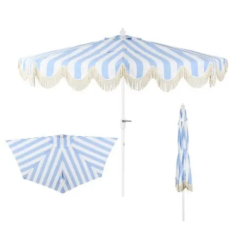 JONATHAN Y Beverly 9 Ft. Designer Classic Scalloped Fringe Half Market Patio Umbrella With Crank - Light Blue/white Pole