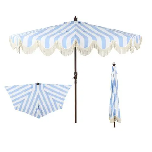JONATHAN Y Beverly 9 Ft. Designer Classic Scalloped Fringe Half Market Patio Umbrella With Crank - Light Blue/white