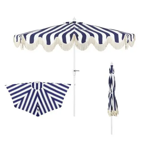 JONATHAN Y Beverly 9 Ft. Designer Classic Scalloped Fringe Half Market Patio Umbrella With Crank - Navy/white Pole