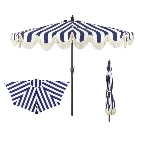 JONATHAN Y Beverly 9 Ft. Designer Classic Scalloped Fringe Half Market Patio Umbrella With Crank - Navy/white