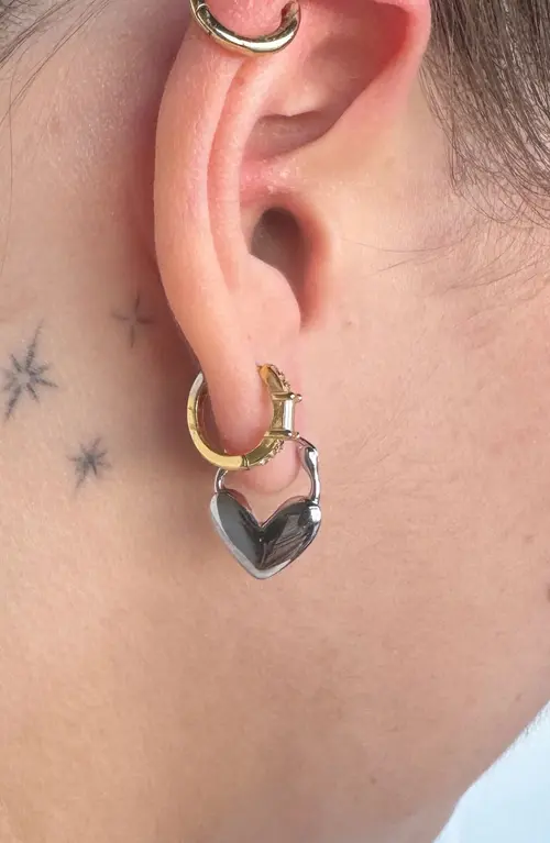 NICKEL & SUEDE Heart Lock Huggie Earrings - Silver