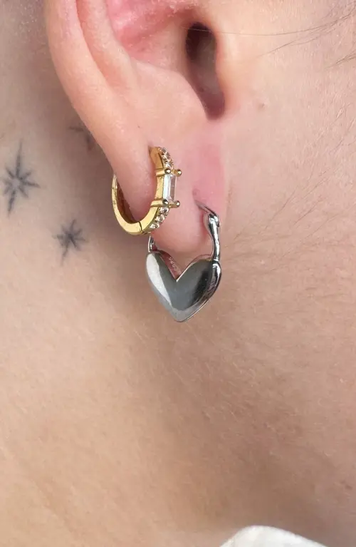 NICKEL & SUEDE Heart Lock Huggie Earrings - Silver