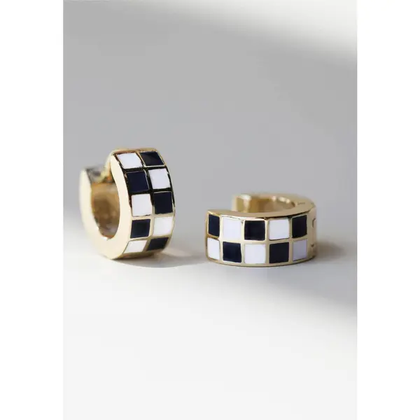 NICKEL & SUEDE Checkered Enamel Huggie Earrings - Black & White Checkered