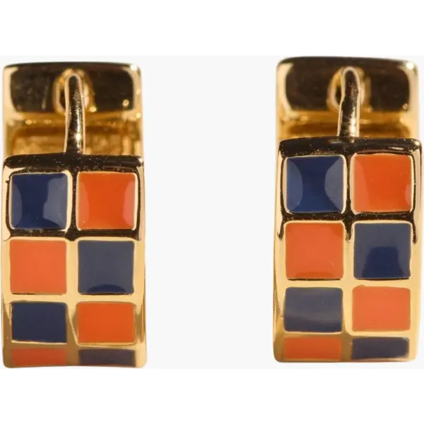 NICKEL & SUEDE Checkered Enamel Huggie Earrings - Blue/orange Checkered