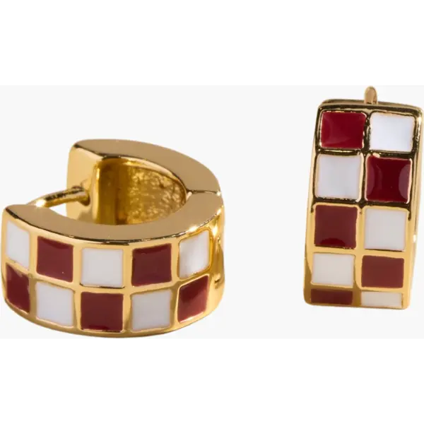 NICKEL & SUEDE Checkered Enamel Huggie Earrings - Maroon & White Checkered