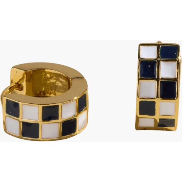 NICKEL & SUEDE Checkered Enamel Huggie Earrings - Navy/white Checkered