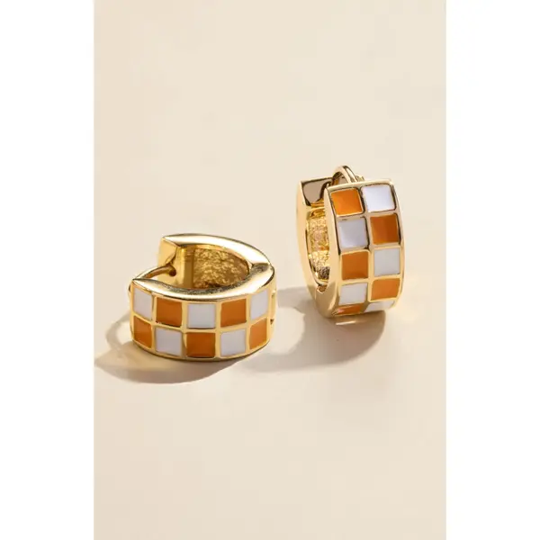 NICKEL & SUEDE Checkered Enamel Huggie Earrings - Orange & White Checkered