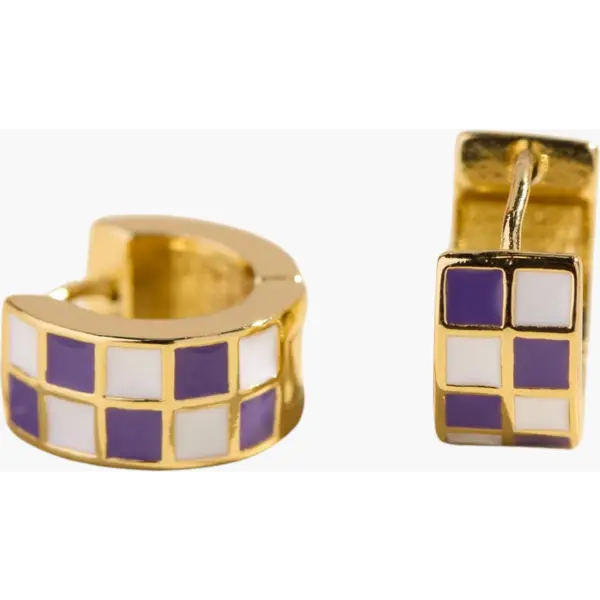 NICKEL & SUEDE Checkered Enamel Huggie Earrings - Purple/white Checkered