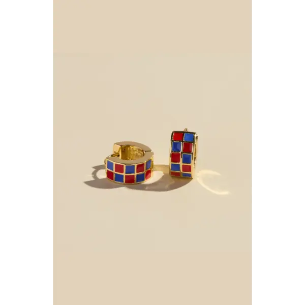 NICKEL & SUEDE Checkered Enamel Huggie Earrings - Red & Blue Checkered
