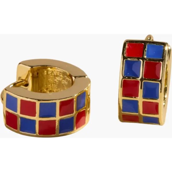 NICKEL & SUEDE Checkered Enamel Huggie Earrings - Red & Blue Checkered