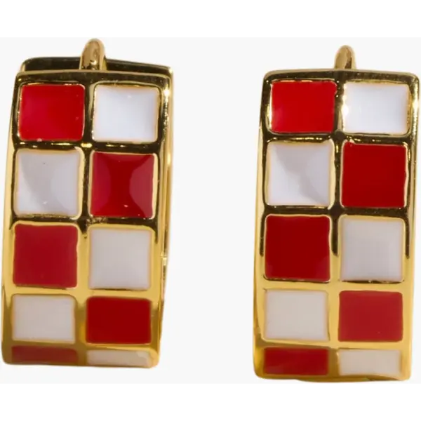 NICKEL & SUEDE Checkered Enamel Huggie Earrings - Red/white Checkered