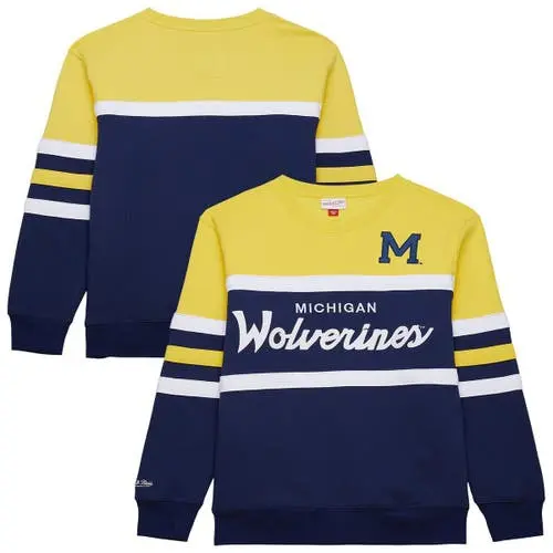 Mitchell & Ness Michigan Wolverines Vintage Logo Head Coach Fleece Pullover Sweatshirt