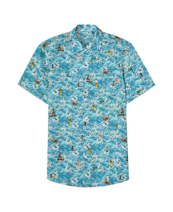 Robert Talbott Morgan Surf Print Linen Short Sleeve Shirt - Blue Waves
