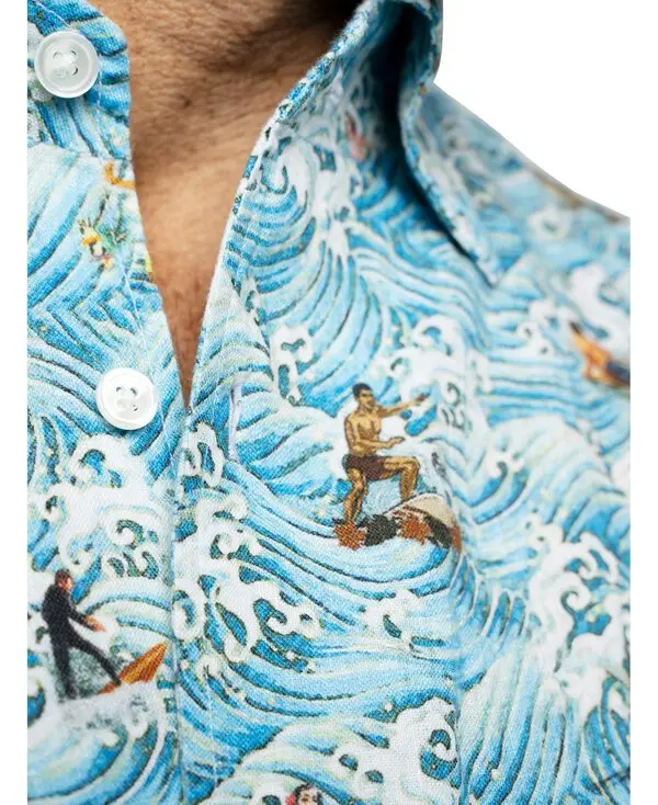 Robert Talbott Morgan Surf Print Linen Short Sleeve Shirt - Blue Waves