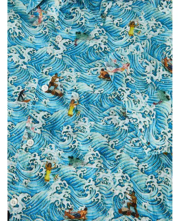 Robert Talbott Morgan Surf Print Linen Short Sleeve Shirt - Blue Waves