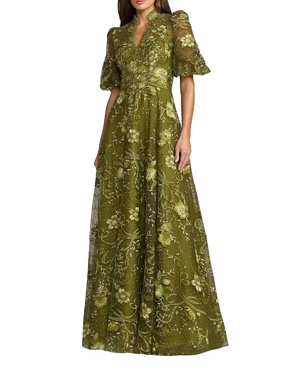 Mac Duggal Queen Anne Puff Sleeve A-line Gown With Floral Embroidery And Gemstone Accents - Olive