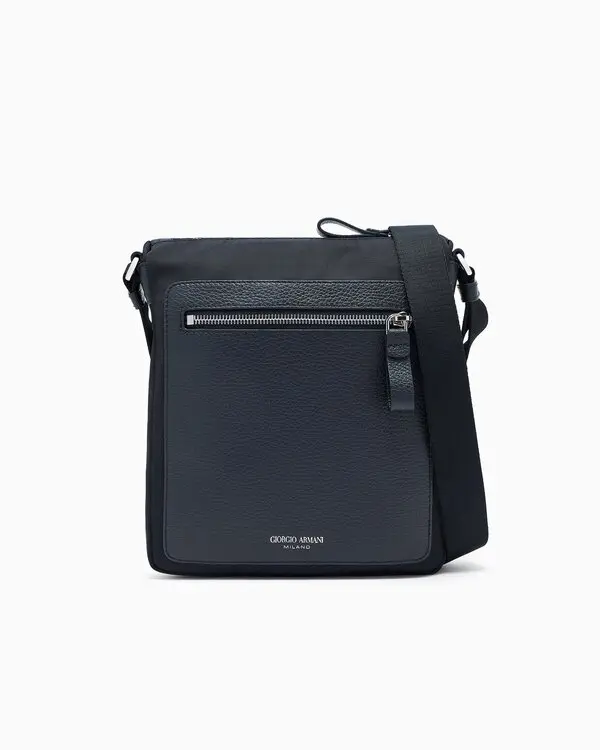 Giorgio Armani Crossbody Bag In Nylon And Pebbled Leather - Black