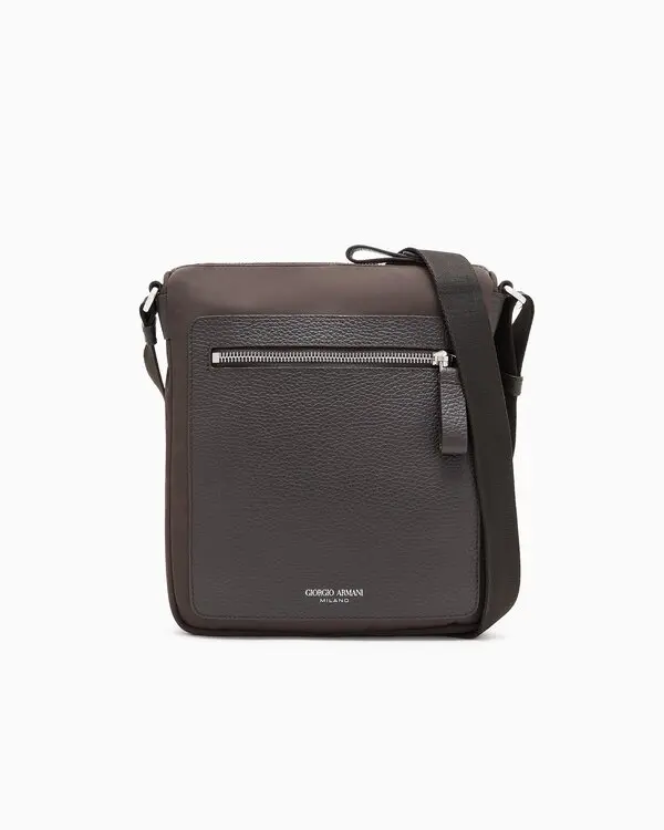 Giorgio Armani Crossbody Bag In Nylon And Pebbled Leather - Brown