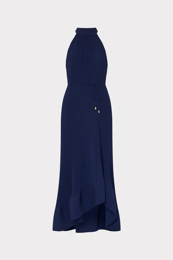 MILLY Nalani Halterneck Pleated Midi Dress - Navy