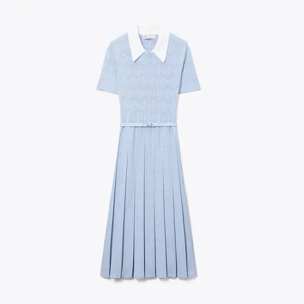 Tory Burch T Monogram Pointelle Pleated Dress - Soft White/crisp Blue