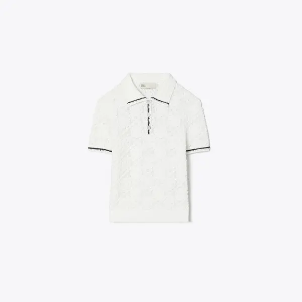 Tory Burch Cotton Logo Lace Polo Top - White