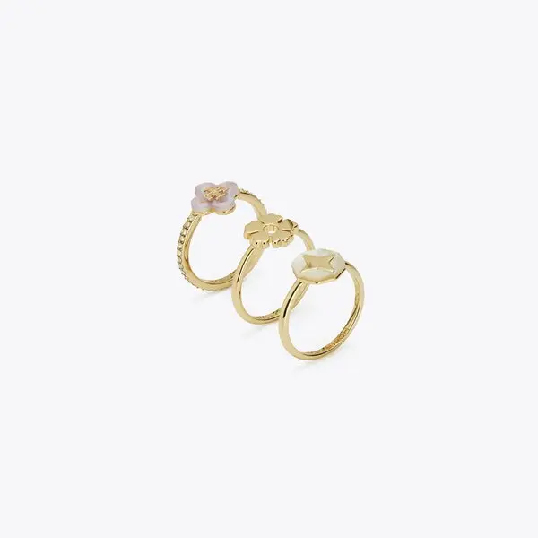 Tory Burch Forget Me Not Stacking Ring Set - Tory Gold/mother Of Pearl/crystal