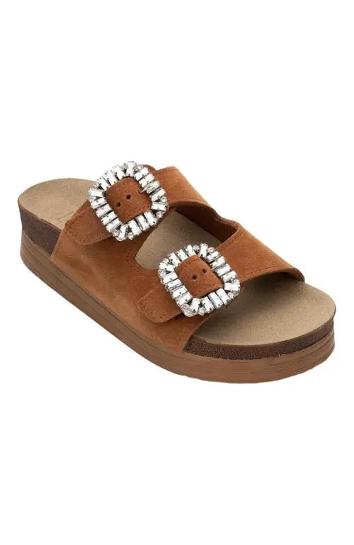 FOREVER & ALWAYS SHOES Polacca Leather Slide Sandal - Cognac Brown Suede Leather