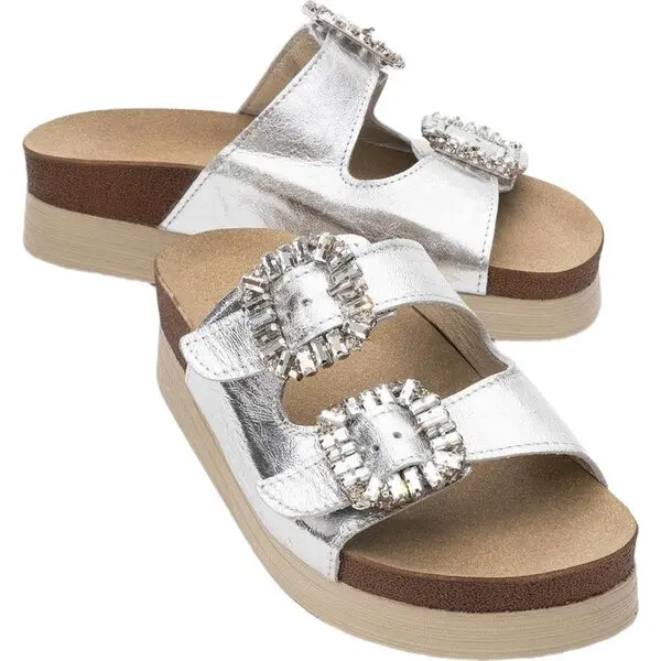 FOREVER & ALWAYS SHOES Polacca Leather Slide Sandal - Silver Leather