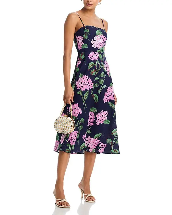 Aqua Linen Floral Square Neck Midi Dress