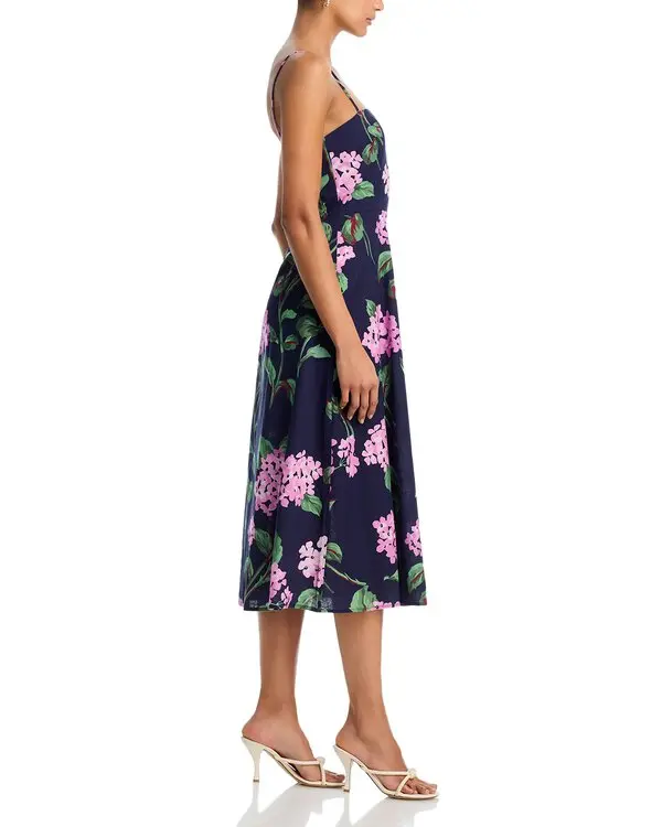 Aqua Linen Floral Square Neck Midi Dress