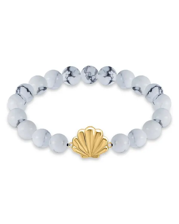 Aqua Clam Shell Charm Gemstone Beaded Bracelet - Gray/gold