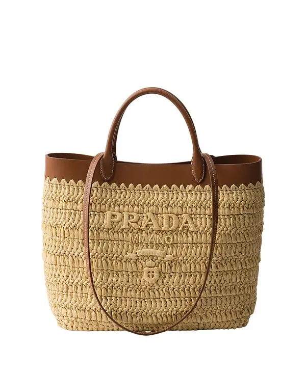 Prada Small Crochet And Leather Tote Bag - Neutral