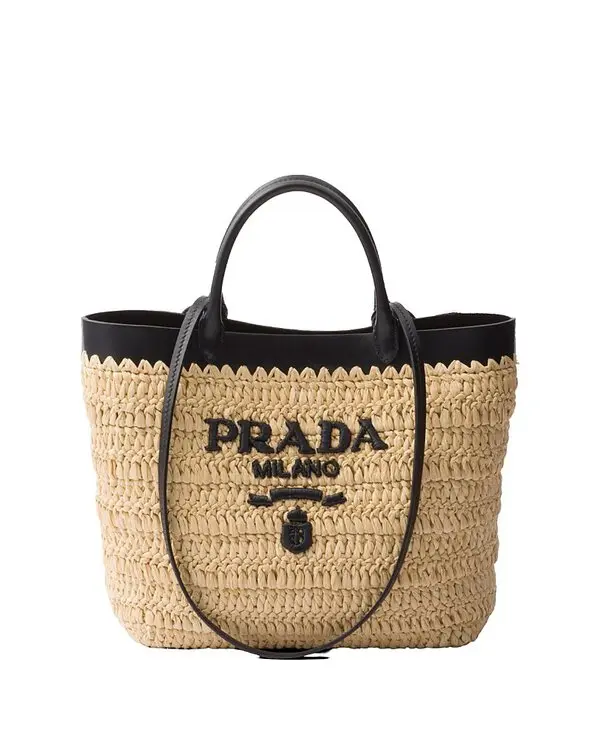 Prada Small Crochet And Leather Tote Bag