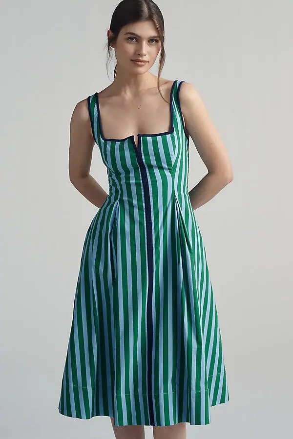 Maeve Arlette Square-neck Piped Midi Dress - Blue Stripe