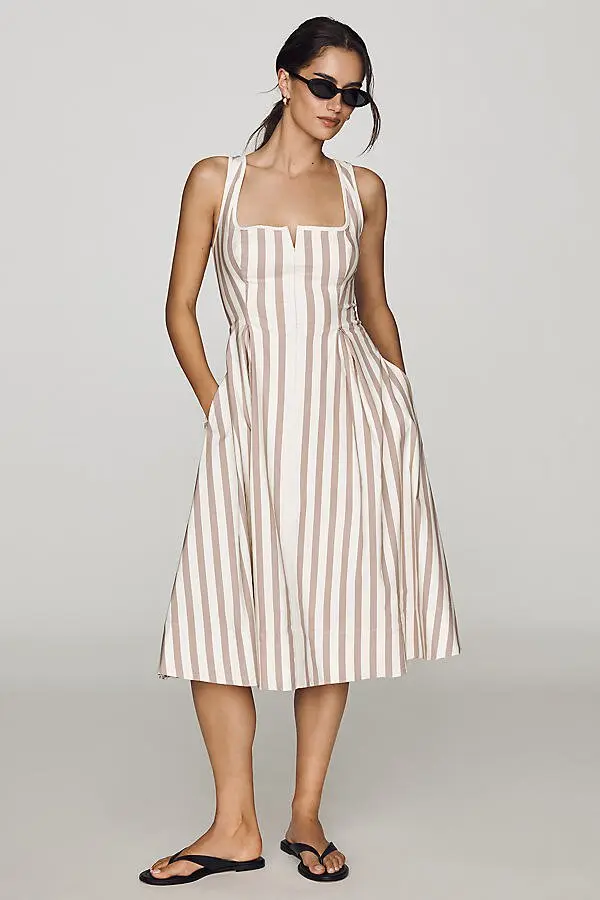 Maeve Arlette Square-neck Piped Midi Dress - Neutral Pattern