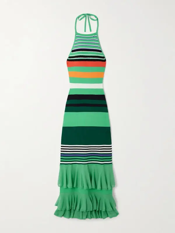 Christopher John Rogers Ruffled Striped Stretch-knit Halterneck Maxi Dress - Multi