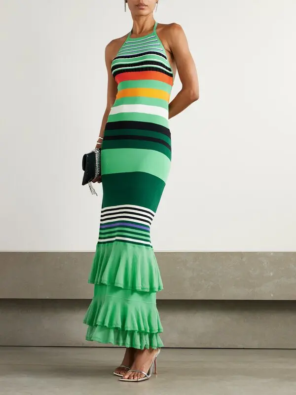 Christopher John Rogers Ruffled Striped Stretch-knit Halterneck Maxi Dress
