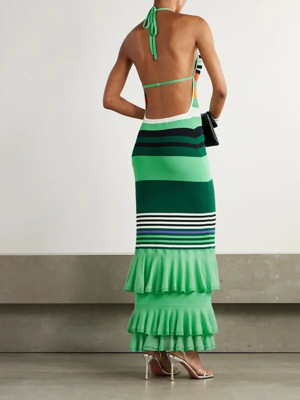 Christopher John Rogers Ruffled Striped Stretch-knit Halterneck Maxi Dress
