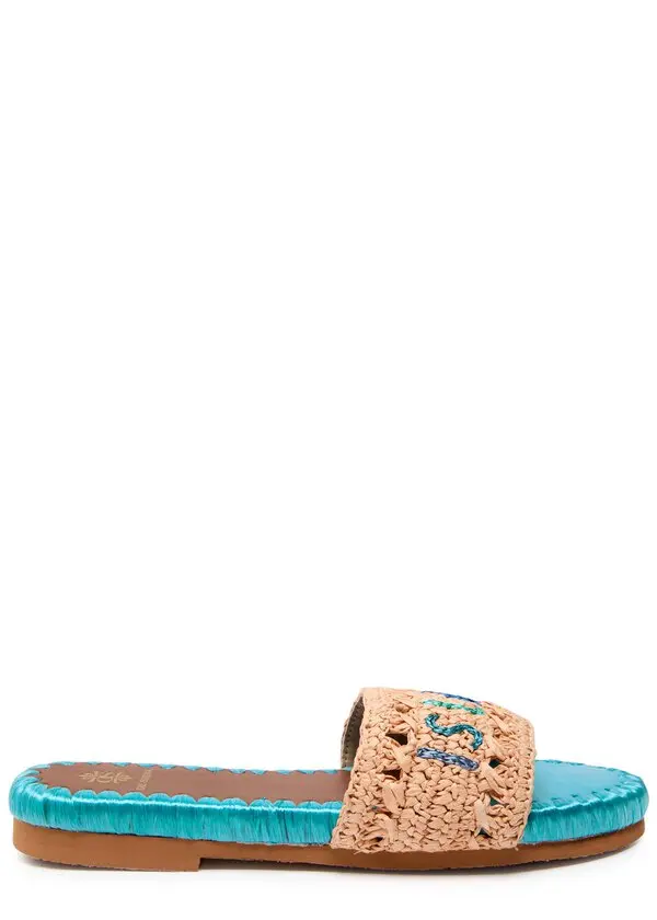 DE SIENA Crochet Detail Leather Sliders - Blue