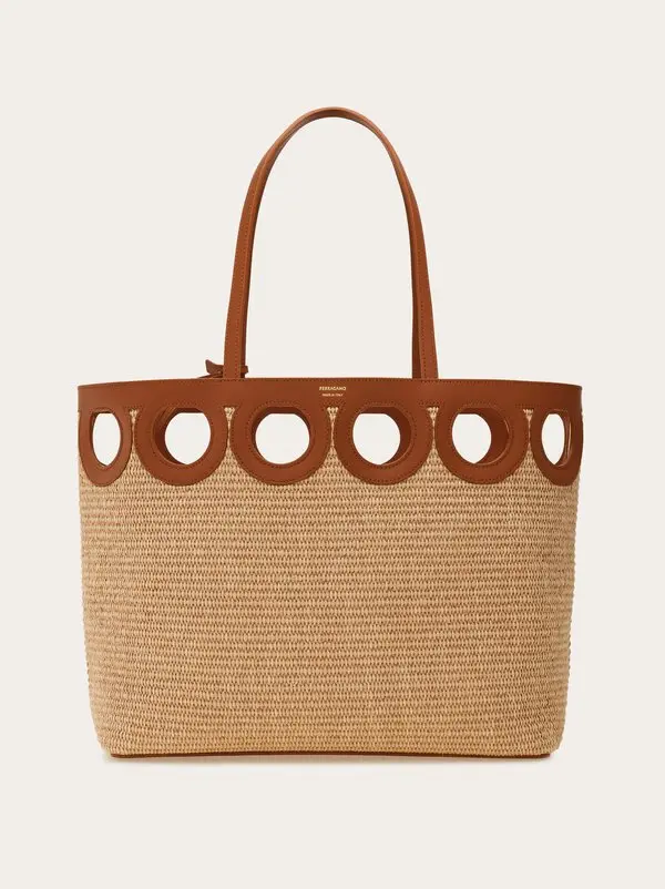 FERRAGAMO Gancini Outline Raffia Tote Bag - Beige