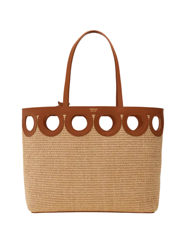 FERRAGAMO Gancini Outline Raffia Tote Bag - Beige