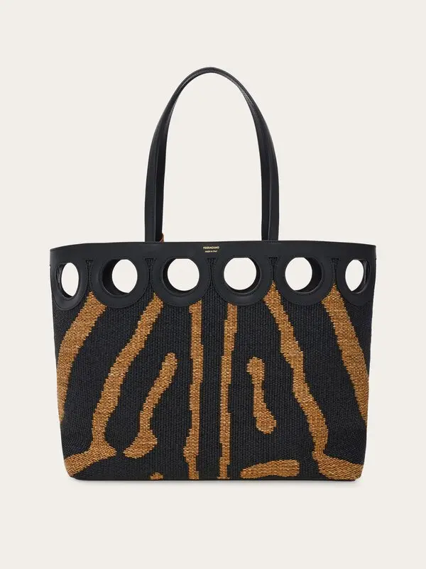 FERRAGAMO Gancini Outline Raffia Tote Bag - Black