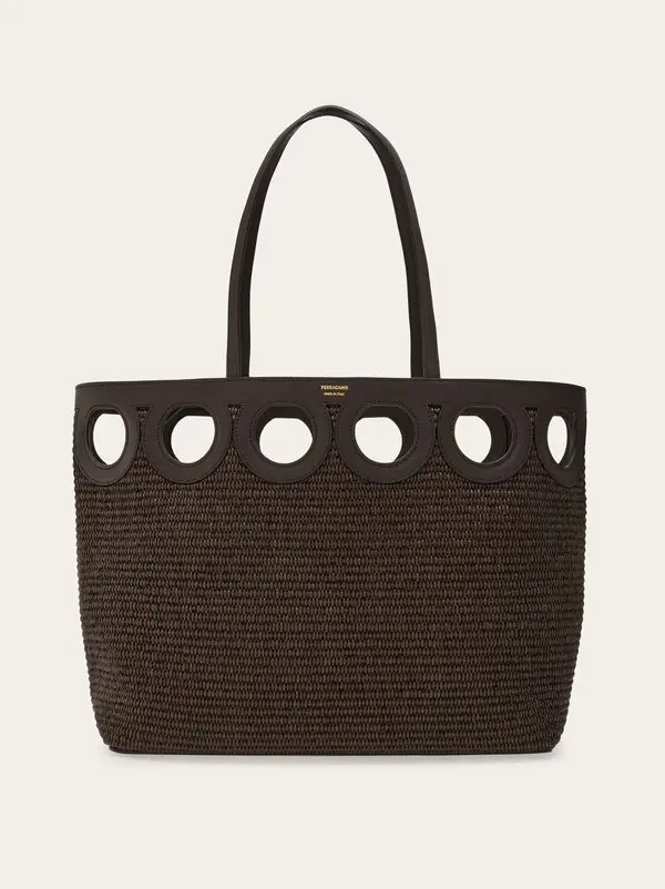 FERRAGAMO Gancini Outline Raffia Tote Bag - Brown
