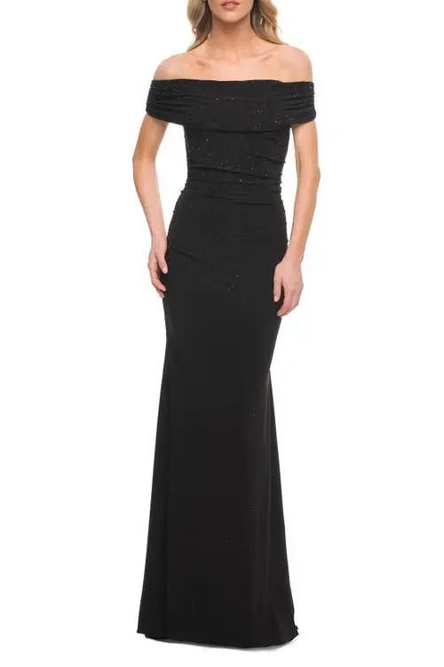 La Femme Beaded Jersey Off-the-shoulder Gown