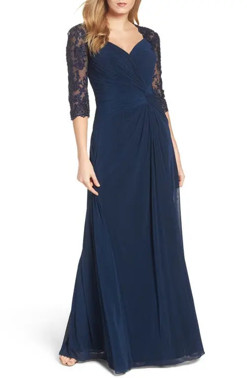 La Femme Jersey Gown With Lace Sleeves And Knot Detail - Navy