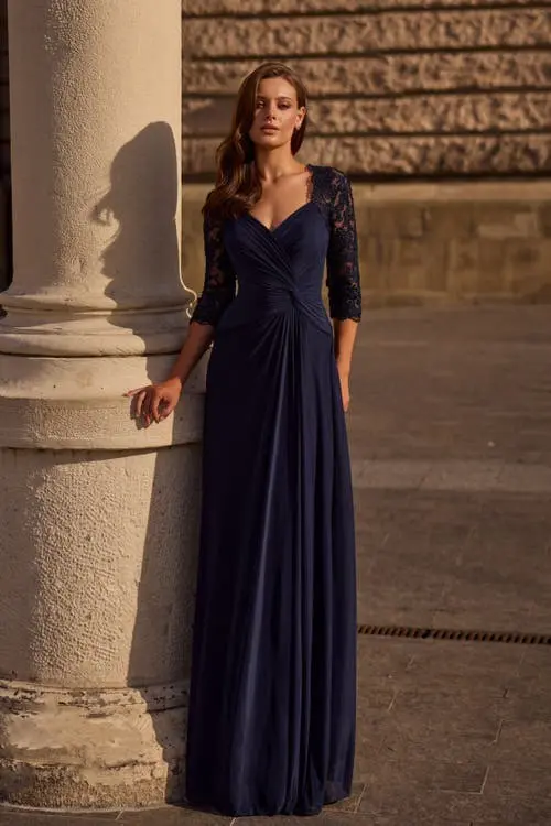 La Femme Jersey Gown With Lace Sleeves And Knot Detail - Navy